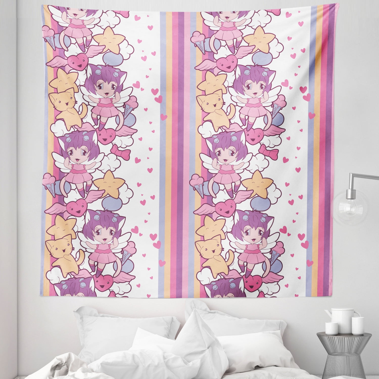 Cartoon Tapestry, Illustration of Angels Stars and Cats Clouds with ...