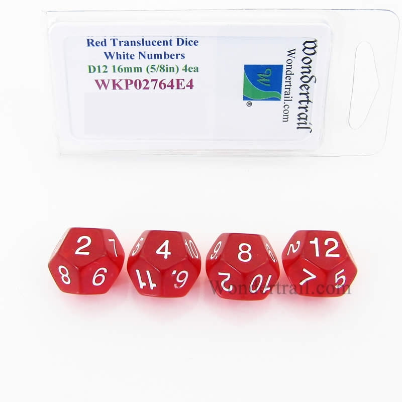 Red Transparent Dice with White Numbers D12 16mm (5/8in) Pack of 4 ...