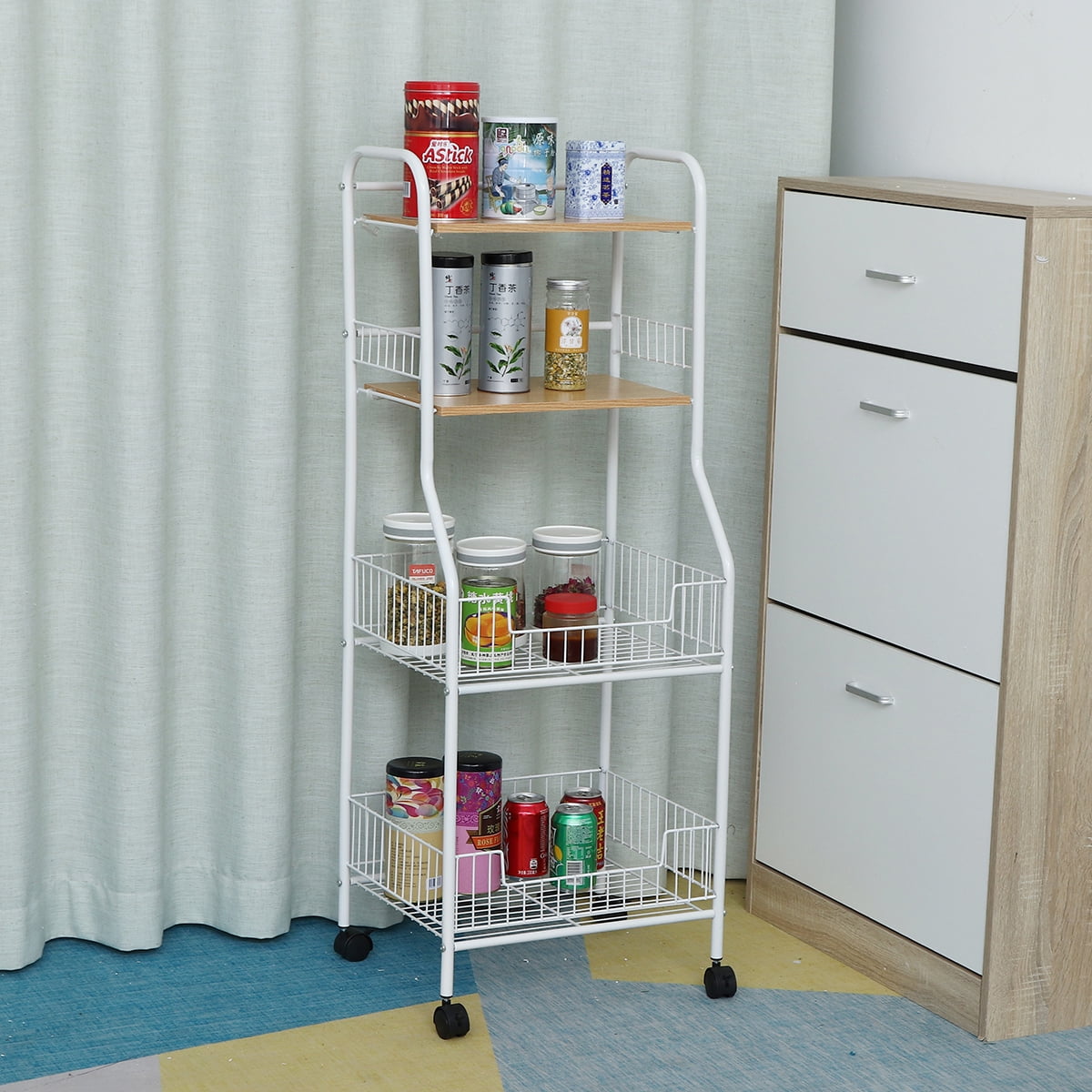 4-Tier Metal Utility Cart, Rolling Organizer Cart with Double Handles ...
