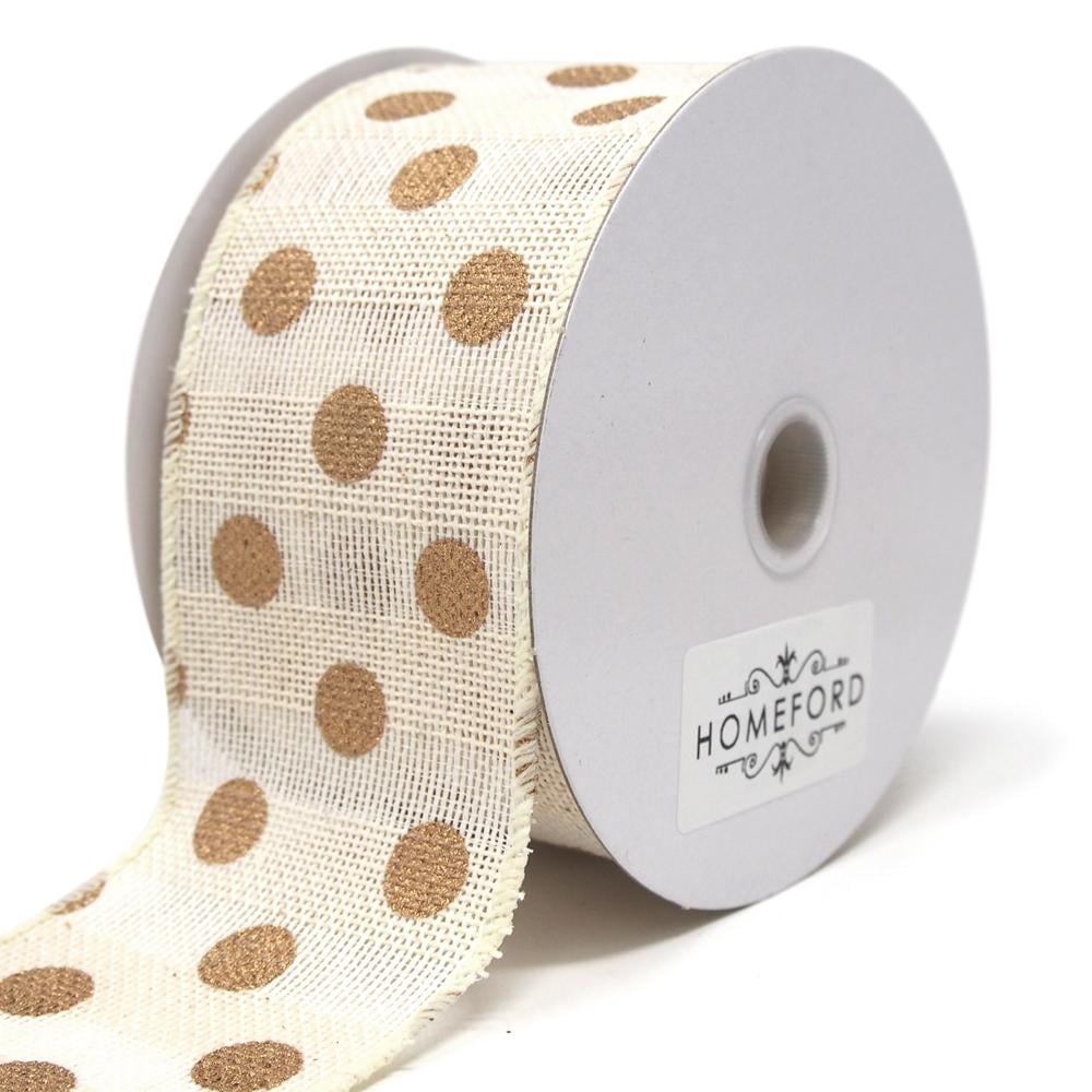 Gold Polka Dots Faux Burlap Wired Ribbon, Ivory, 2-1/2-Inch, 10 Yards ...