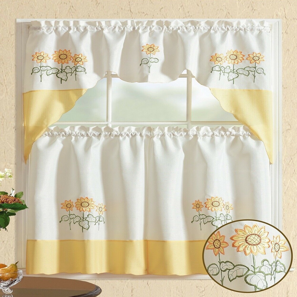 3 Pcs Embroidered Yellow Sun Flower Swag Valance Kitchen Curtain Set ...