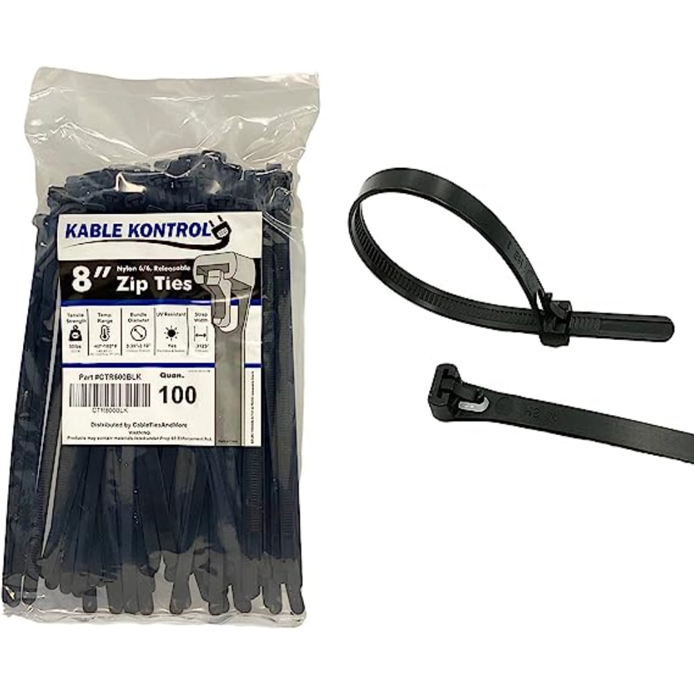 Kable Kontrol Releasable Reusable Zip Ties - 8" Long - 50 Lbs Tensile Strength - 100 pack - UV ...