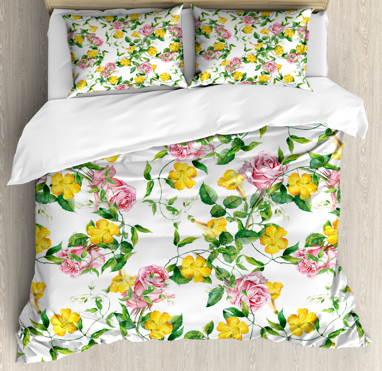 Yellow Flower Queen Size Duvet Cover Set, Flourishing Bindweed and Pink ...