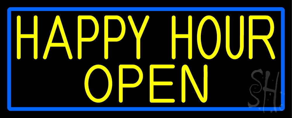 Yellow Happy Hour Open With Blue Border LED Neon Sign 10 x 24 - inches ...