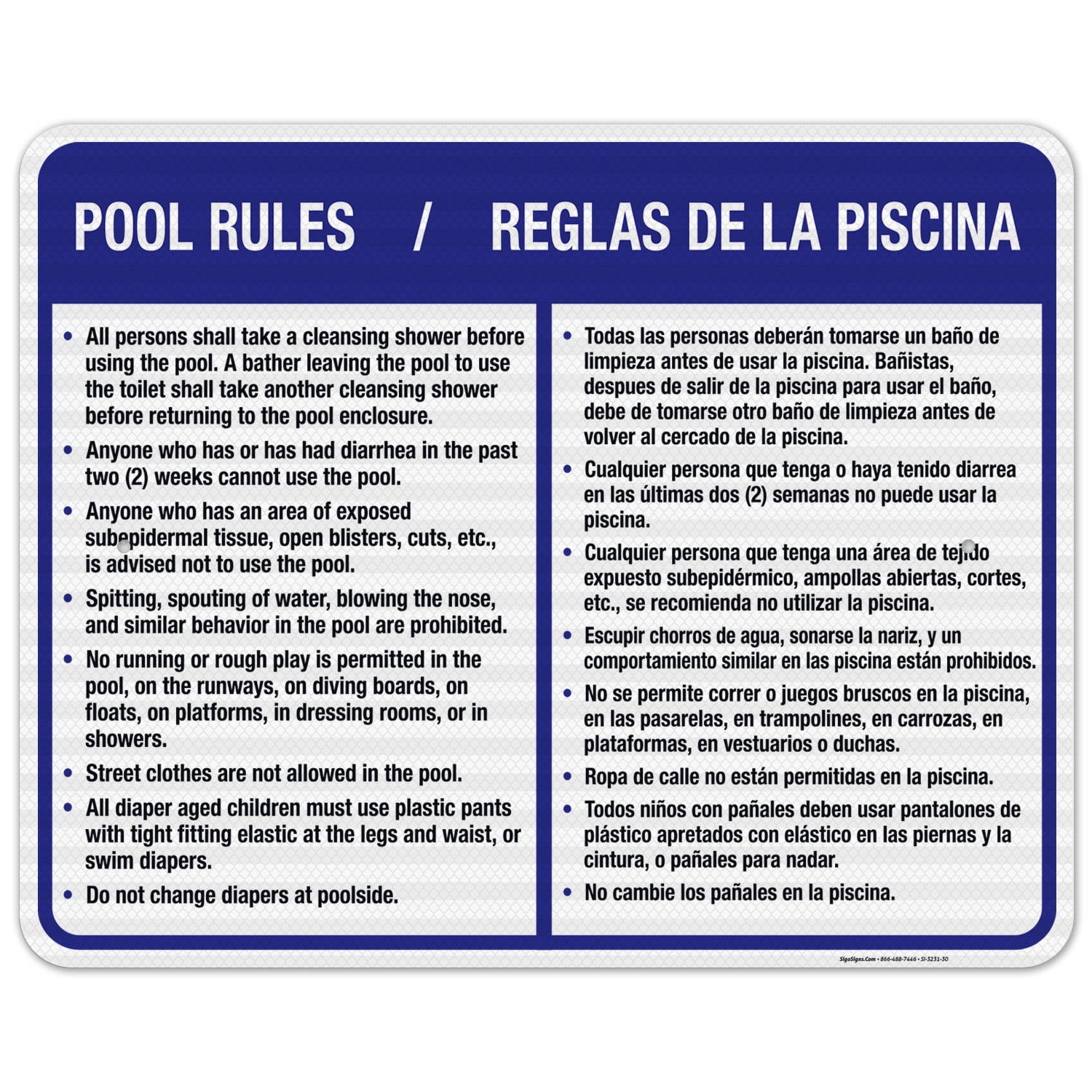 Pool Rules Bilingual Sign, Spanish English , - Walmart.com