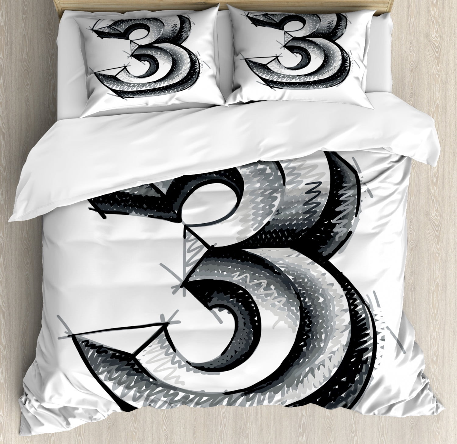 Number Queen Size Duvet Cover Set, Hand Drawn Style Sketchy Numeral ...