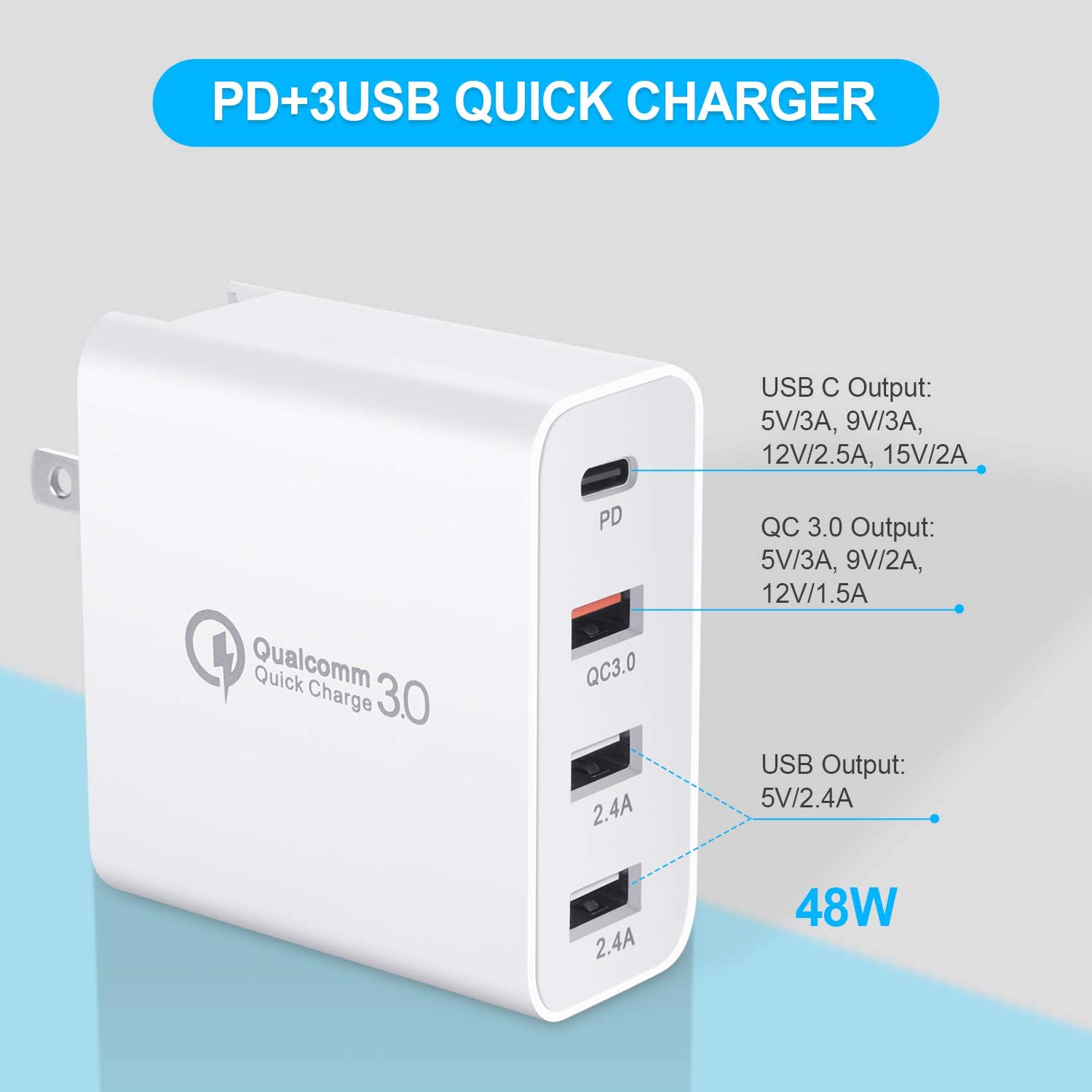 4 ports USB Charger, 48W 4 Ports Fast Charging PD Wall Chargers Quick ...