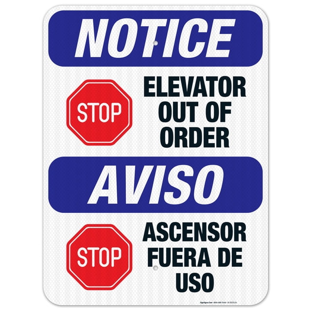 Elevator Out Of Order Bilingual Sign, OSHA Notice Sign, 18x24 ...