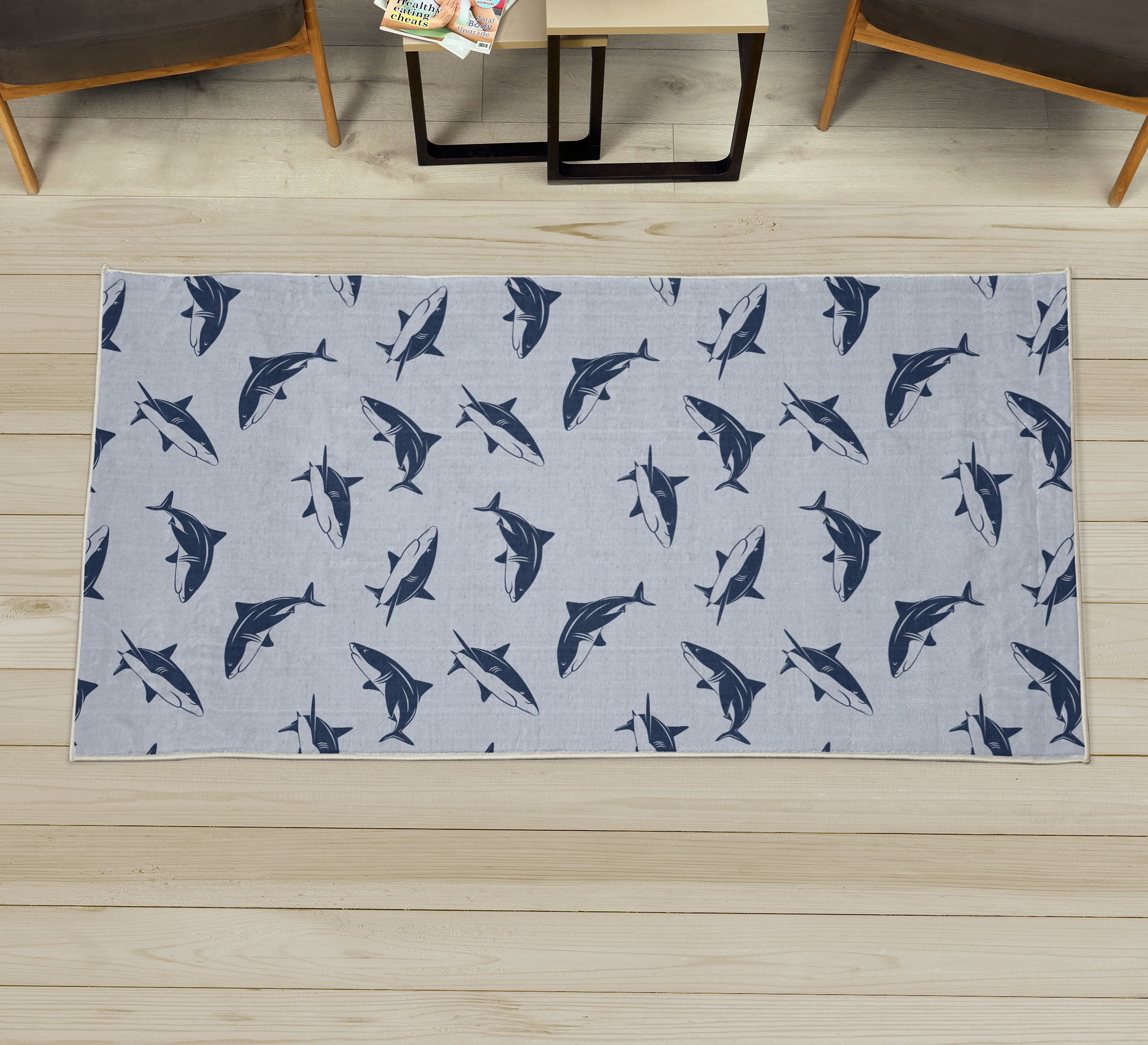 Sea Animals Decorative Rug, Repeated Cartoon Sharks Swimming to ...