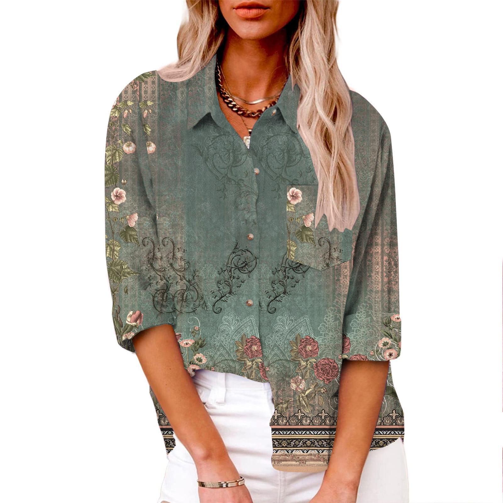 Kiplyki Clearance Womens Autumn Tops Turndown Collar Neck Pocket ...