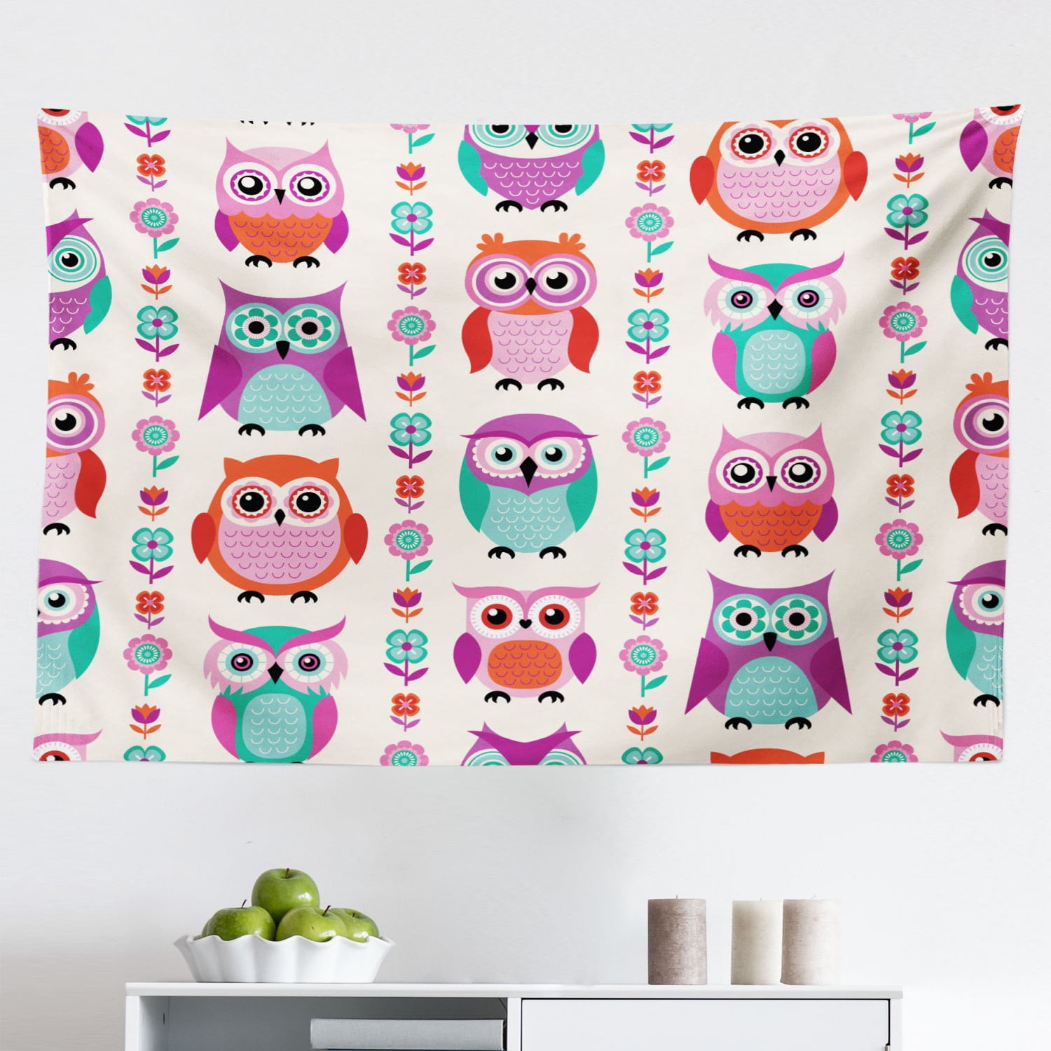 Owls Tapestry, Owls in Vertical Line Flower Strings Vibrant Spring ...
