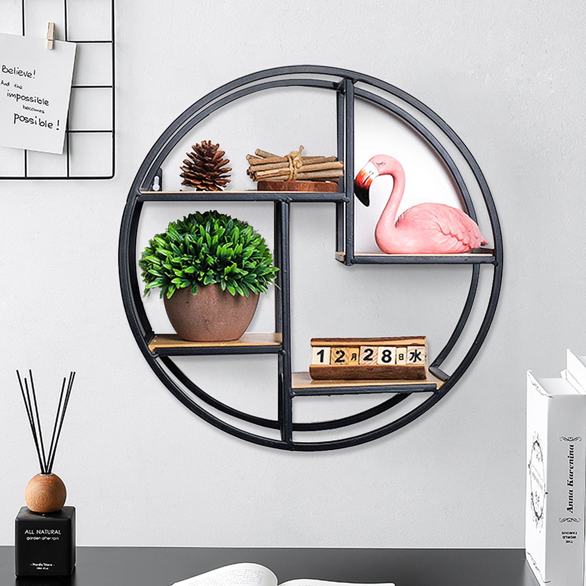 Industrial Style Wood Iron Craft Round Wall Shelf Display Rack Storage ...