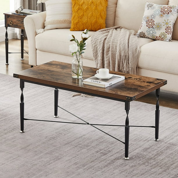 VECELO Rectangle Coffee Table for Living Room, Industrial Wood Look ...