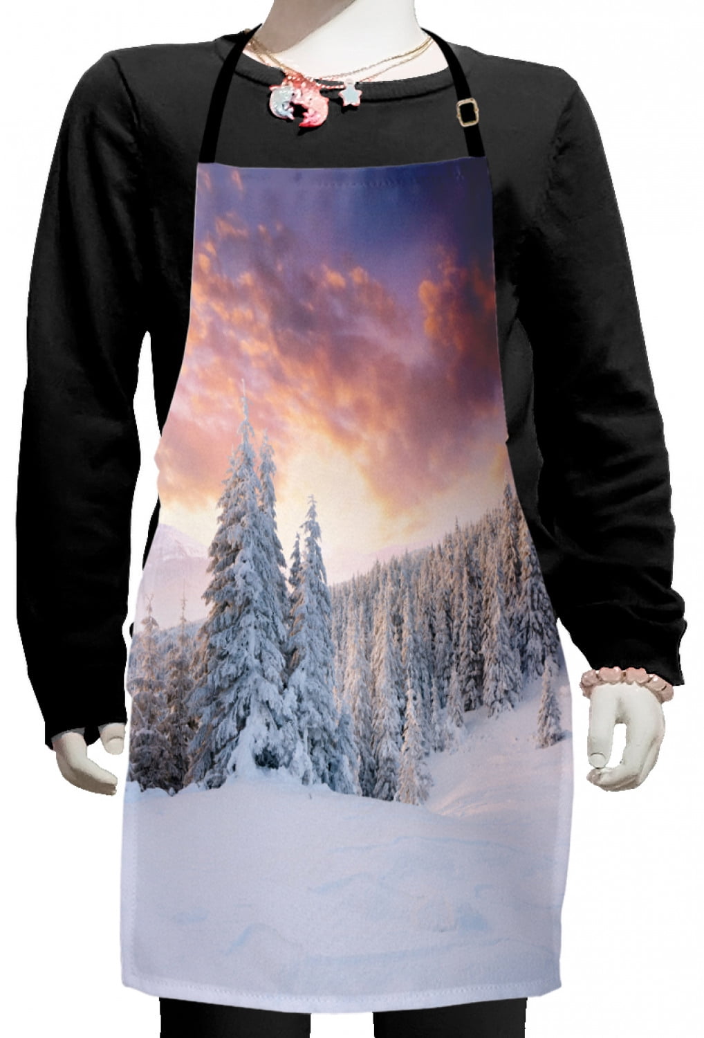 Winter Kids Apron, Sunrise in Winter Landscape Snowy Fields Frozen Pine ...