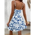 Blue And White Vintage Floral Print Tie Strap Mini Dress, Smocked Waist ...