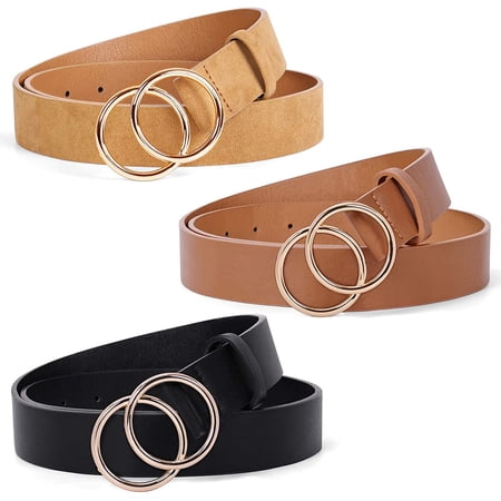 3 Pack Double Ring Belt for Women, Faux Leather Jeans Belts with Golden ...