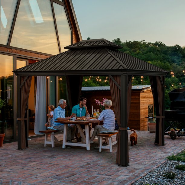 EGEIROS LIFE 12 Ft. W X 10 Ft. D Double Aluminum Hard Roof Patio Gazebo ...