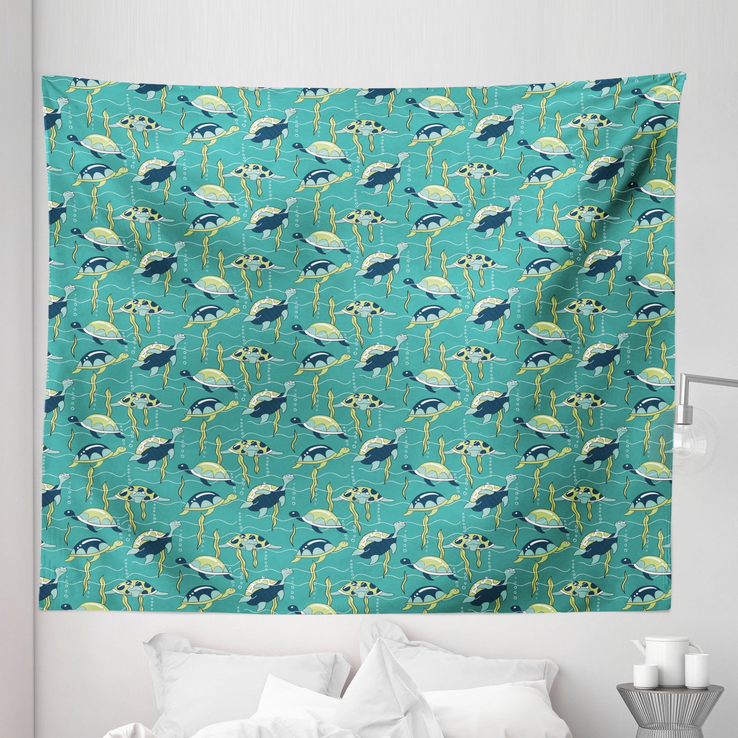 Turtle Tapestry, Underwater Wildlife Composition with Wavy Ocean and ...