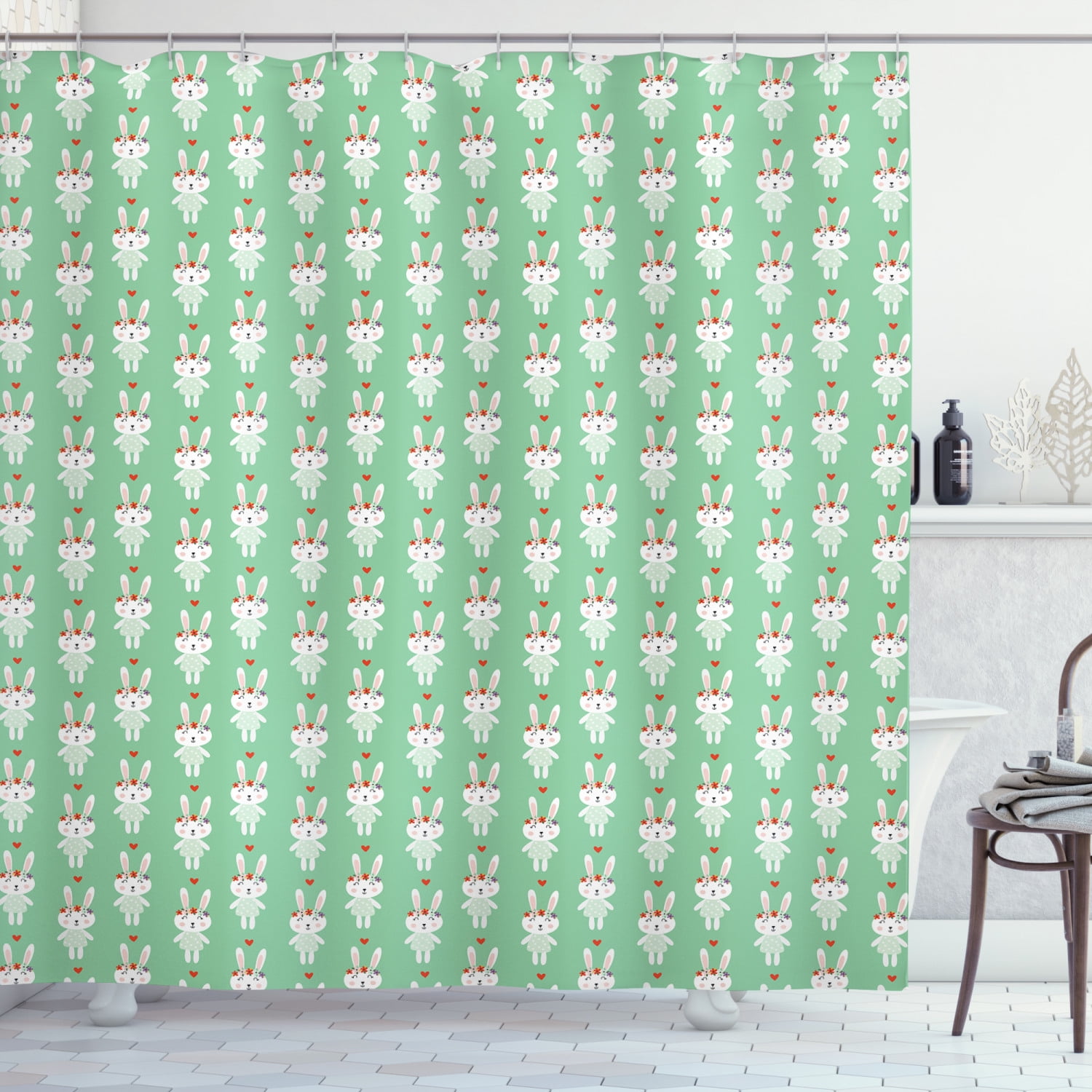 Bunny Shower Curtain, Cute Baby Rabbits with Dotted Dresses Flowers on ...