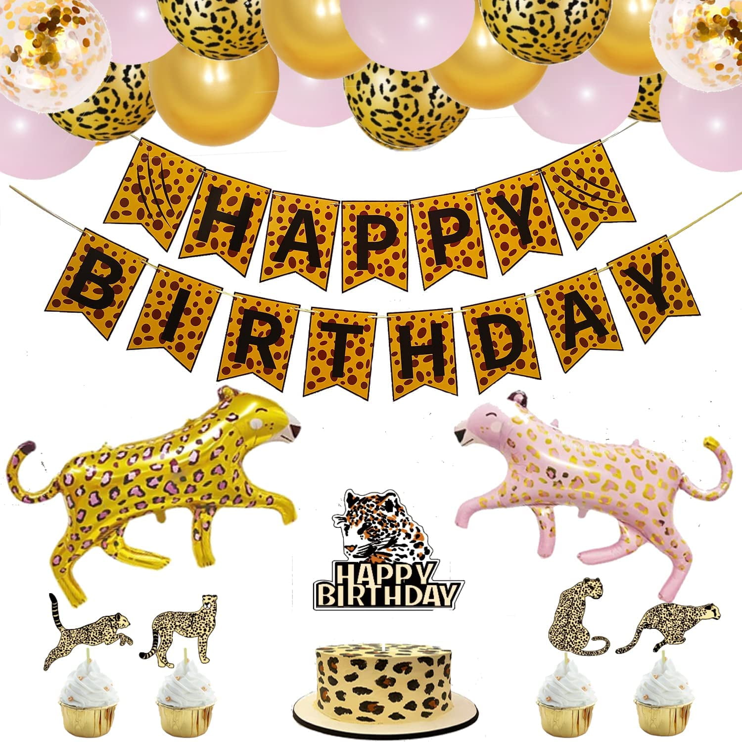 79pcs Leopard Birthday Banner Pink Safari Cheetah Party Decoration ...