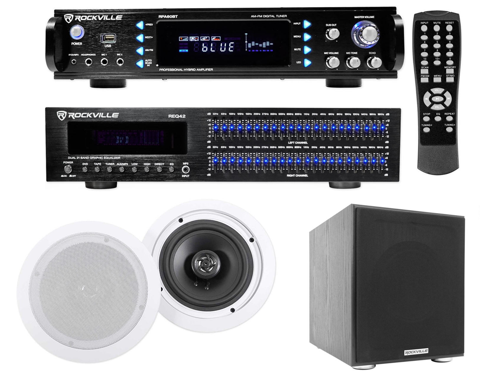 Rockville Home Theater Bluetooth Receiver+EQ+(2) Ceiling Speakers+8 ...