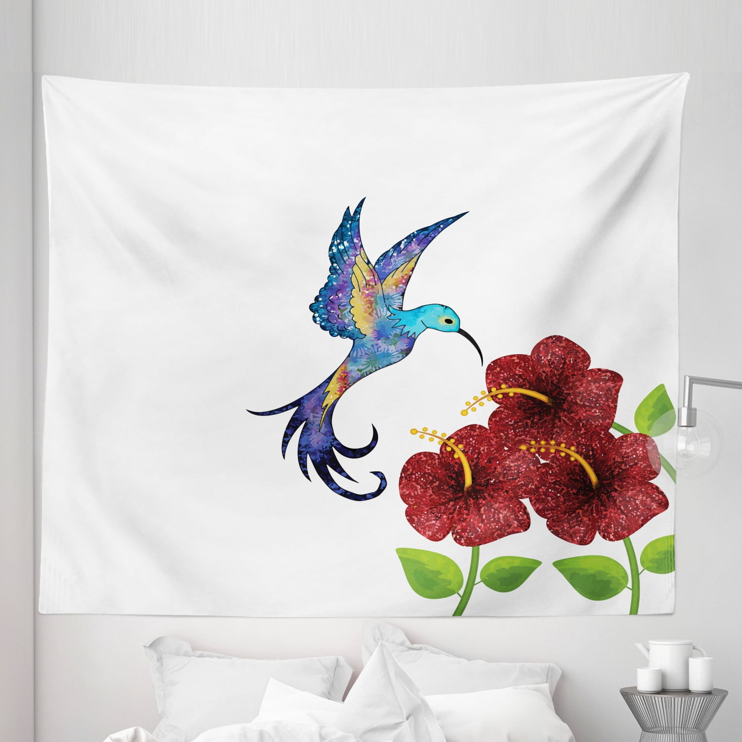 Hummingbird Tapestry, Hummingbird in Flower Garden Fantasy Tails Wings ...