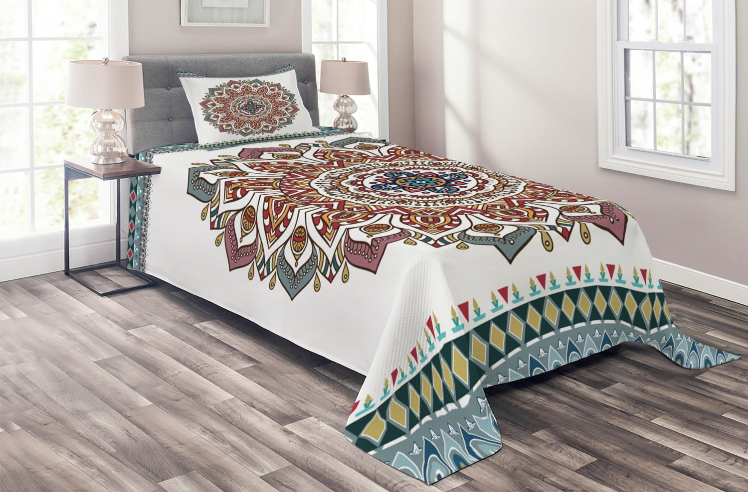 Mandala Coverlet Set Twin Size, Asian Composition with Floral Motifs ...