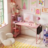 Bestier 52 inch Gaming Computer Desk with LED Lights & Shelves Pink ...