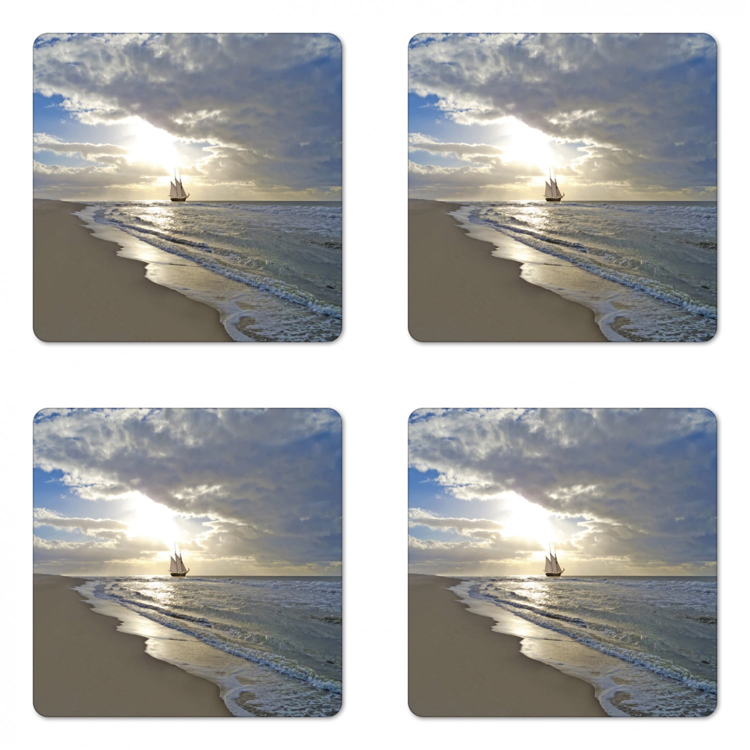 Nautical Coaster Set of 4, Sailing Ship Close to Sandy Beach in Moody ...