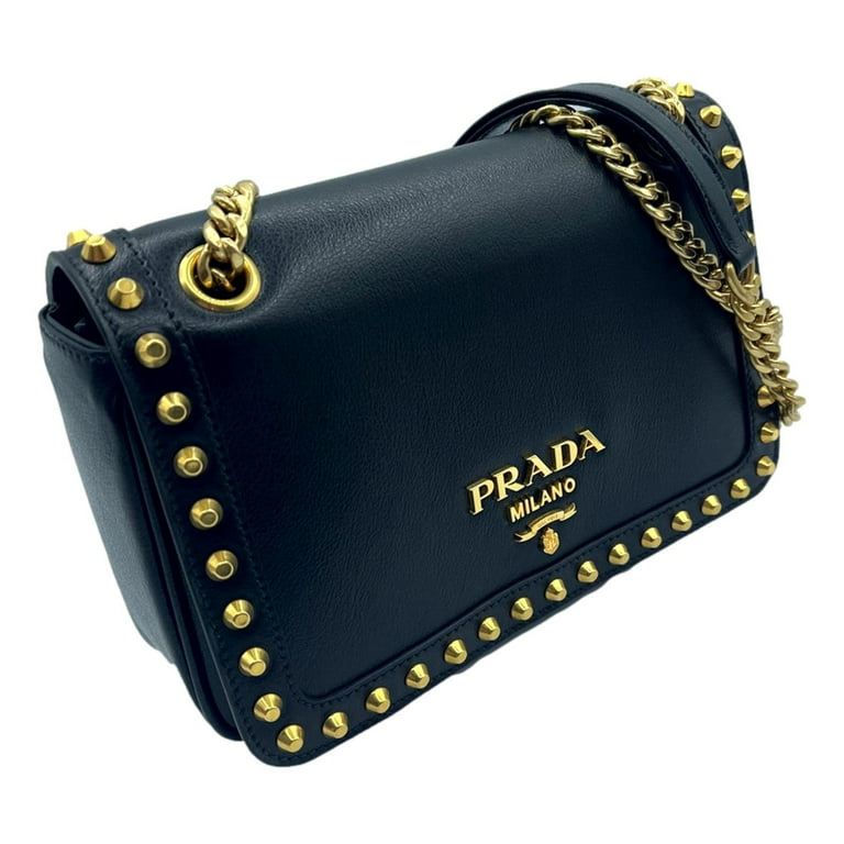 Prada Pattina Black Calf Leather Studded Flap Chain Prada Pattina Black Calf Leather Studded Flap Chain
