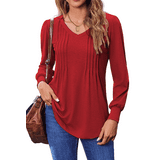 Fantaslook Long Sleeve Shirts for Women Fall Tops Dressy Casual Blouses Pleated V Neck Tunic ...