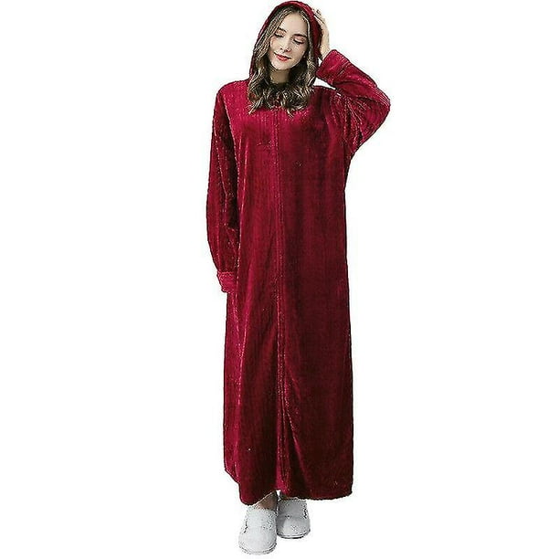 Women Long Hooded Dressing Gown Nightgown Flannel Bathrobe Zip Robes ...