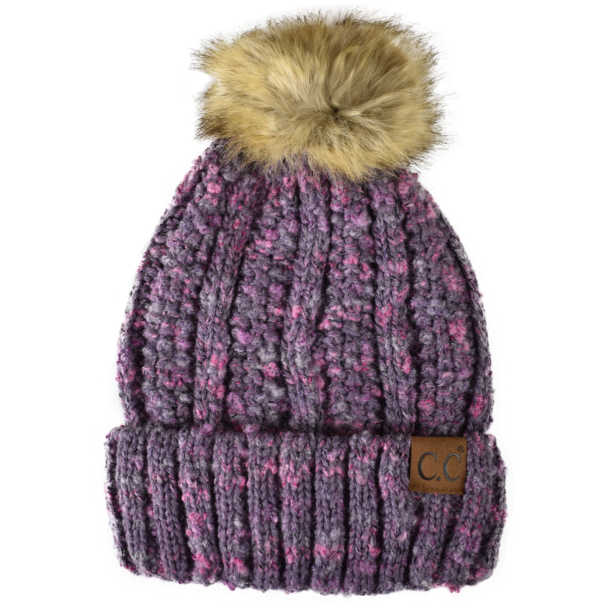 C.C Thick Cable Knit Faux Fuzzy Fur Pom Fleece Lined Skull Cap Cuff ...