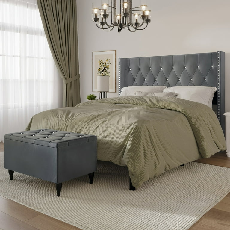 Castle Place Button Tufted Wingback Velvet Upholstered Bed with Storage Bench Light Grey Queen Walmart