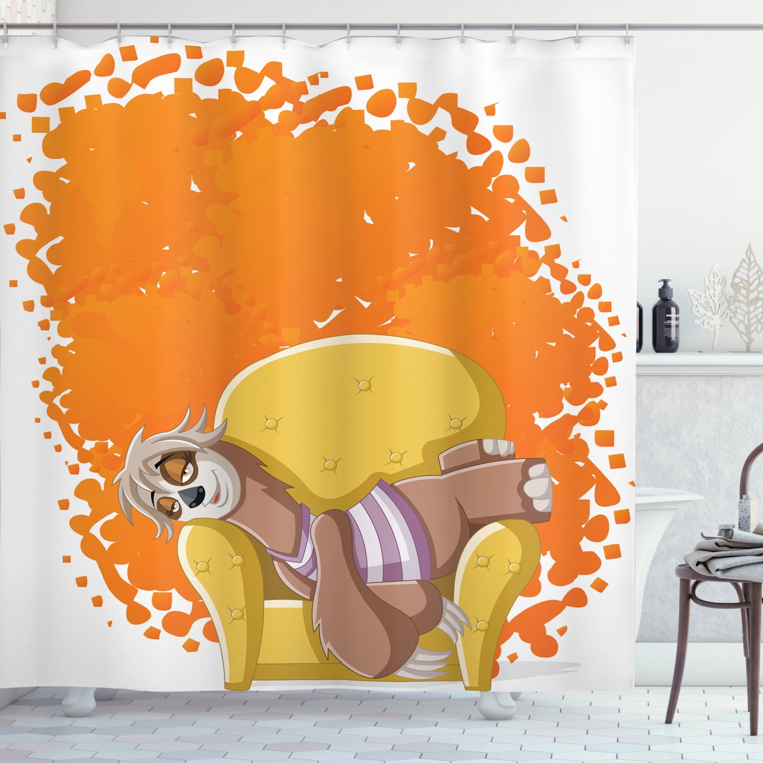 Sloth Shower Curtain, Lazy Female Cartoon Sloth on Sofa Napping on ...