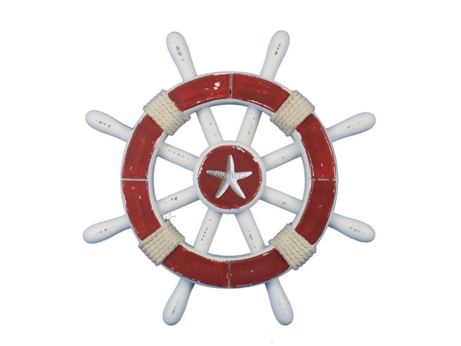 Rustic Red And White Decorative Ship Wheel With Starfish 12" - Ship ...
