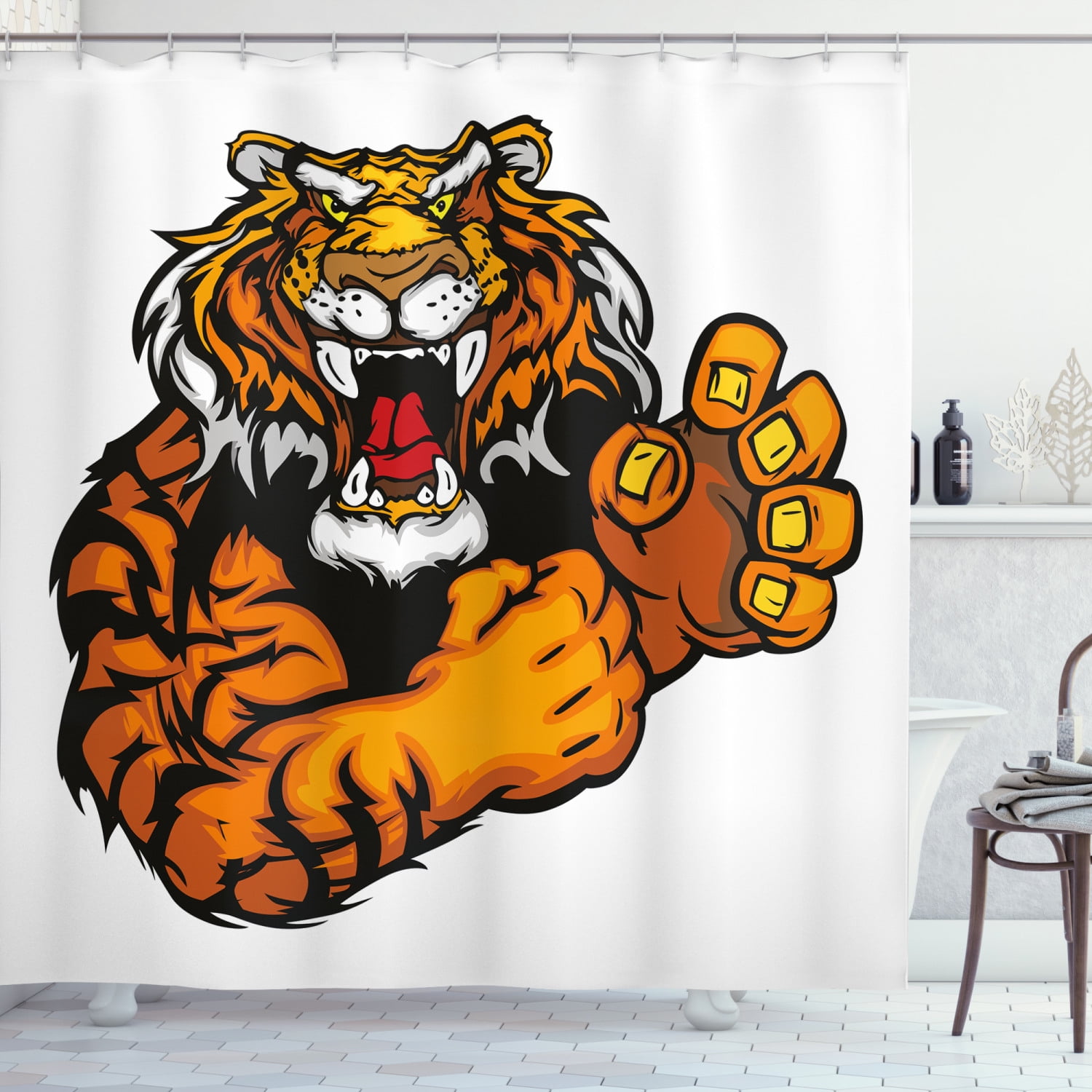 Ambesonne Tiger Shower Curtain, Cartoon Angry Wild Cat, 69"Wx70"L ...