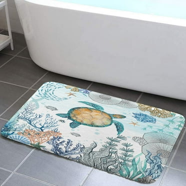 Sea Turtle Bath Mat, Ocean Animal Starfish Seagrass Coral Reef Fish ...