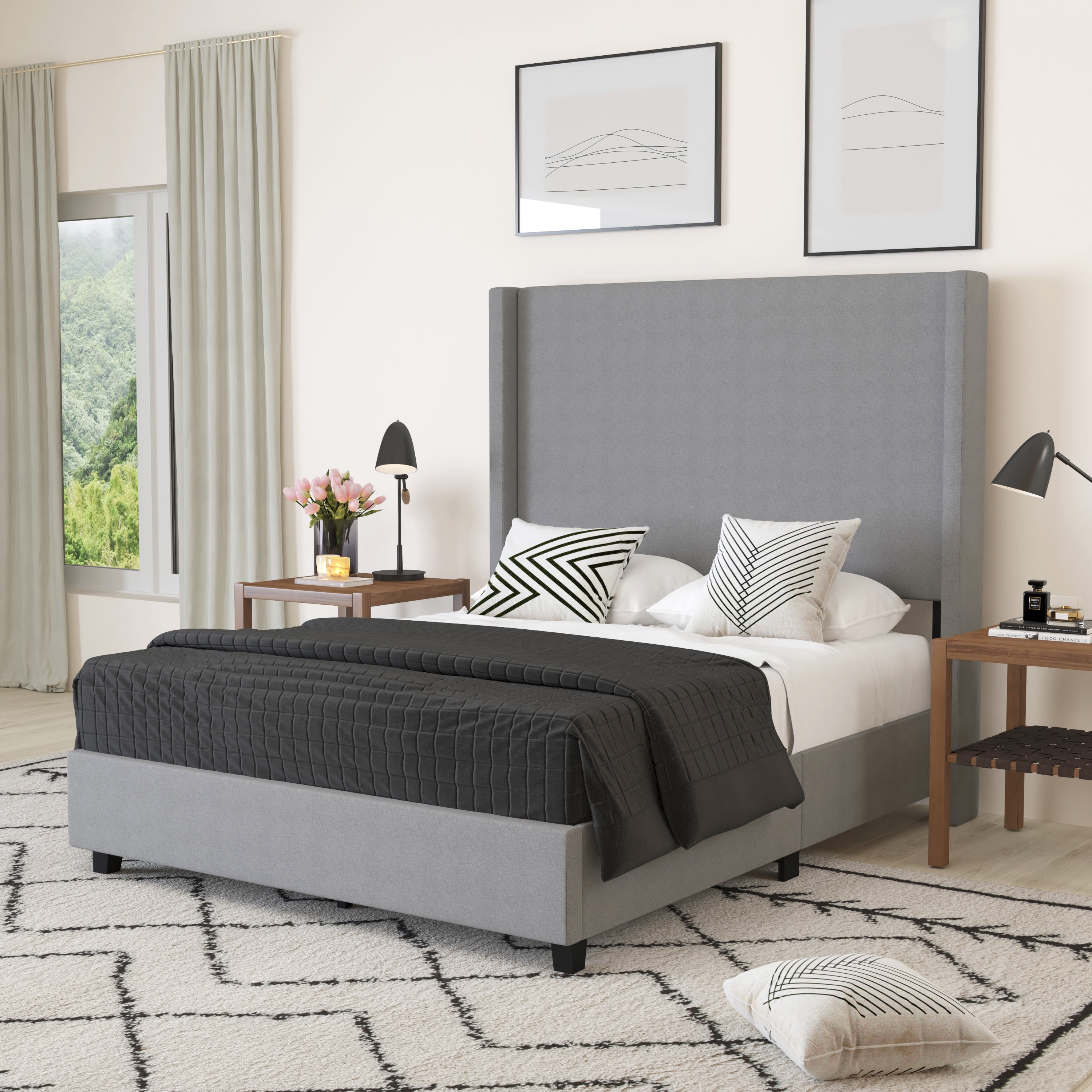 Merrick Lane Modern Full Size Platform Bed Frame with Padded Faux Linen ...