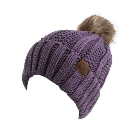 C.C Fleece Lined Cable Knit Faux Fur Skull Cap Cuff Beanie With Pom ...