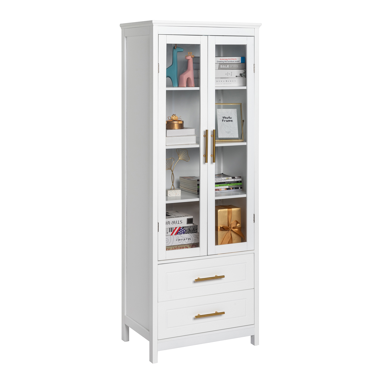 SamyoHome Storage Cabinet with 2 Transparent Doors, 2 Drawers & Display ...