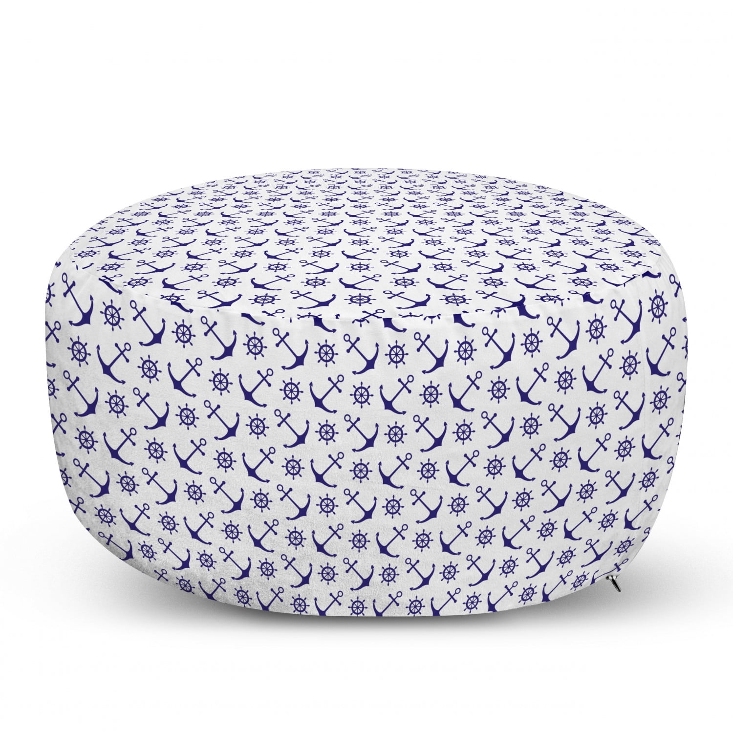 Navy Blue Pouf Cover with Zipper, Anchors with Ships Steering Wheels ...