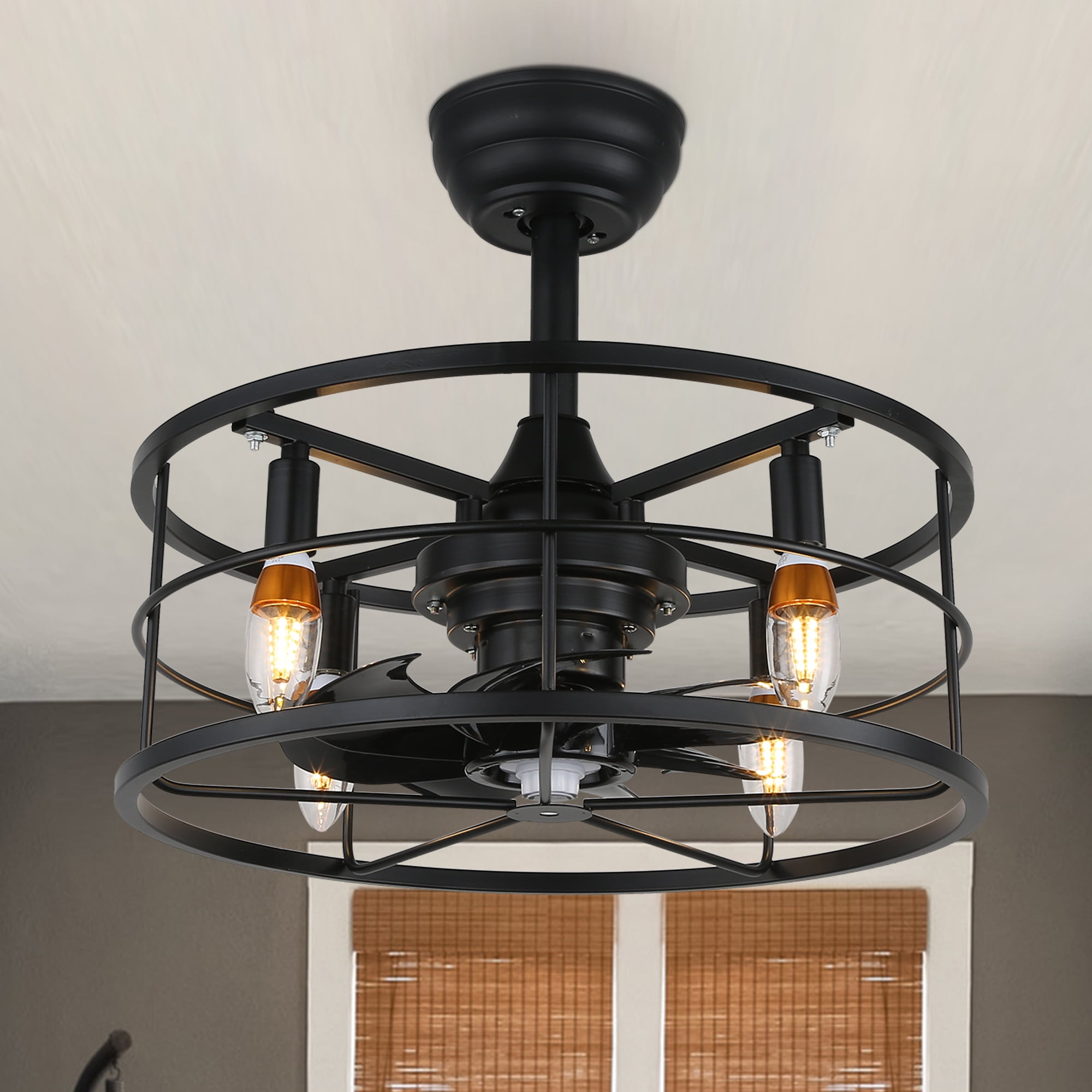 Cusp Barn Farmhouse Black Metal Finish 8-Blade Caged Ceiling Fan with ...