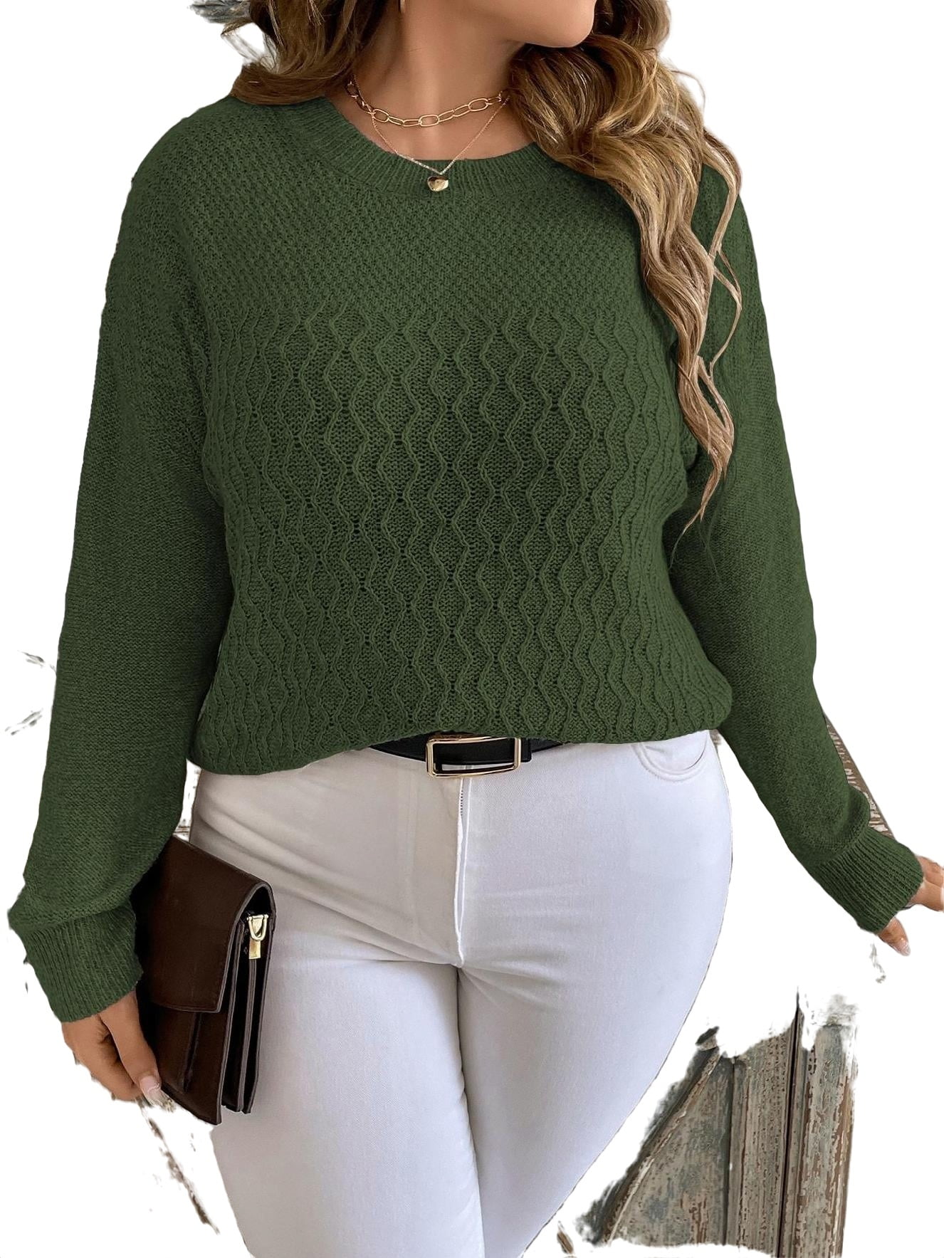 Casual Plain Round Neck Pullovers Long Sleeve Army Green Plus Size ...
