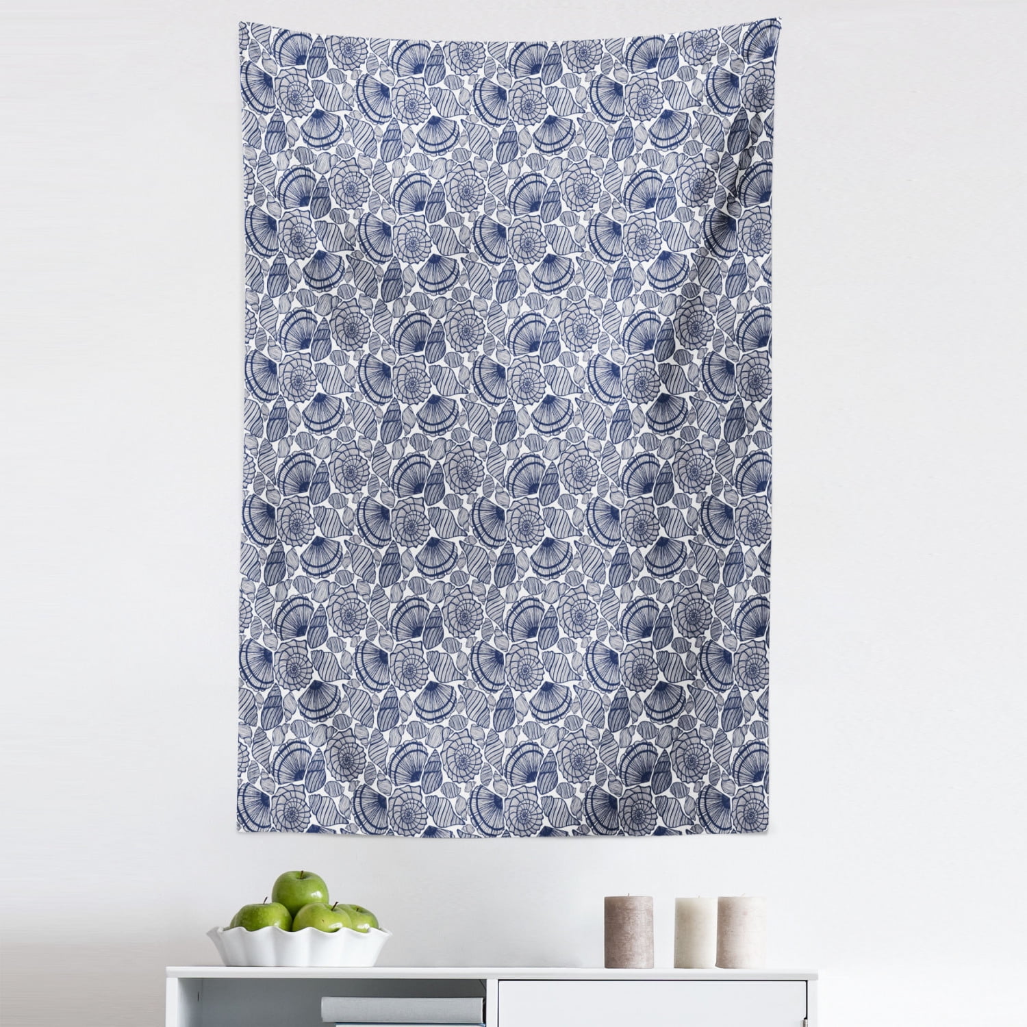 Navy Blue Tapestry, Hand Drawn Scallops Line Composition Aquatic ...