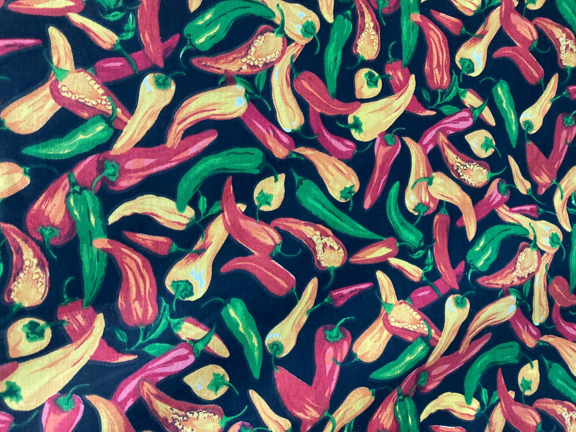 Lilly Craft Multi-color Peppers on Black Polycotton Fabric is 58-60 ...