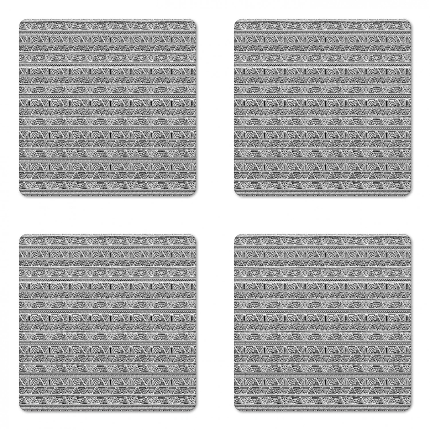 Tribal Coaster Set of 4, Monochrome Design Style Continuous Zentangle Triangles Pattern, Square ...