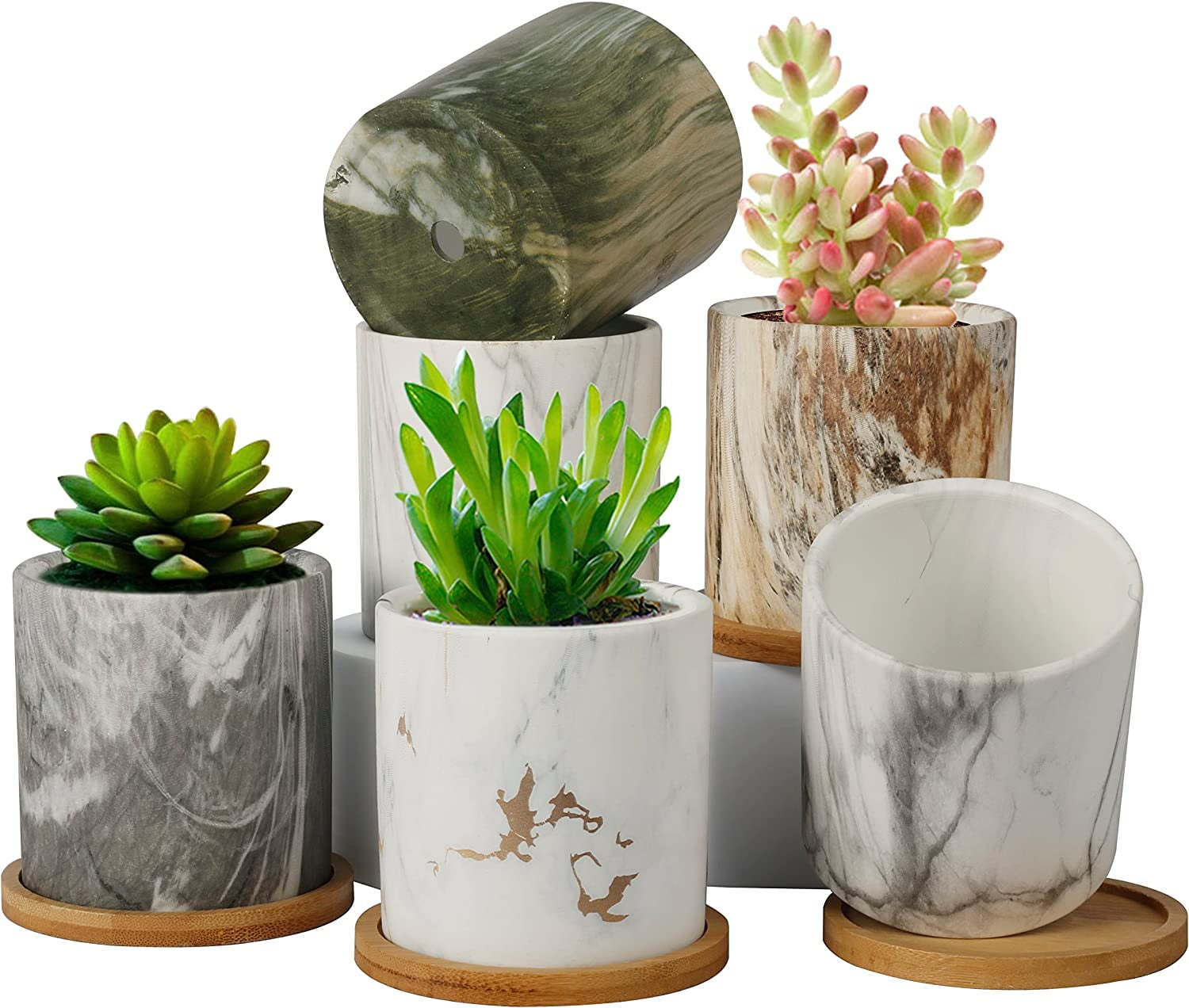 BUYMAX Succulent pots 3.2 inch Ceramic Flower Planter Pot with Bamboo ...