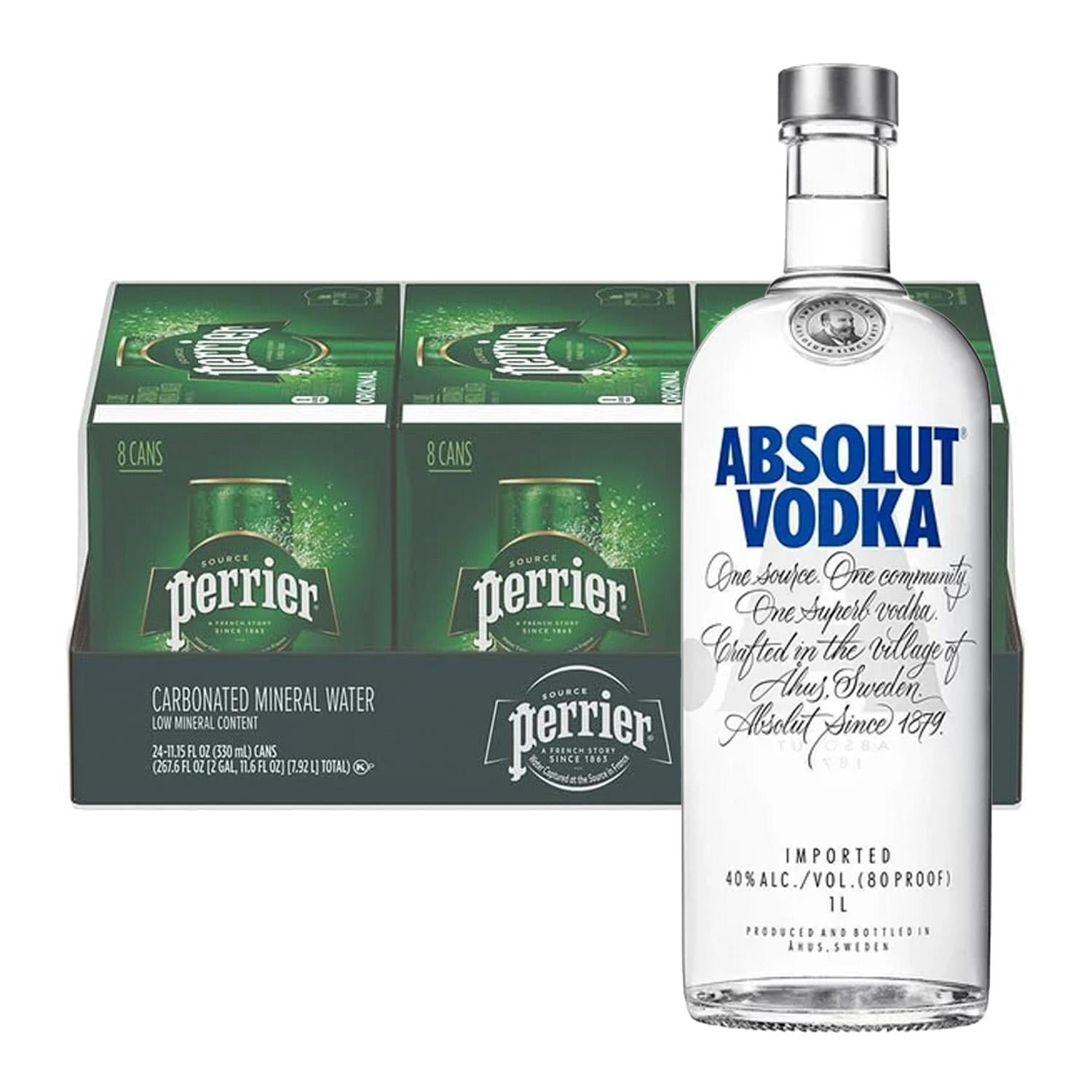 Pack 24 Agua Perrier Mineralizada Lata 330 ml + Vodka Absolut Blue 1 L ...