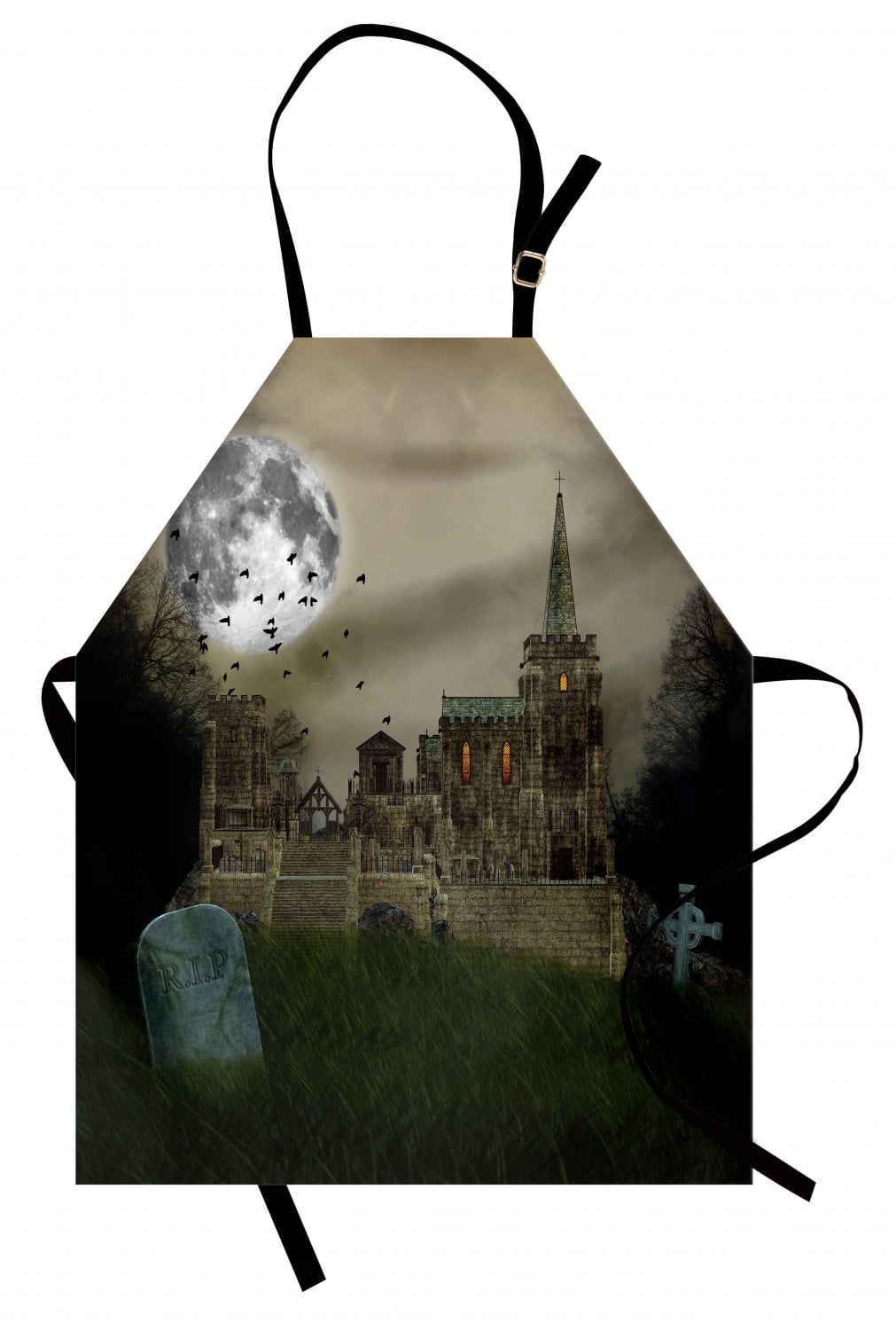 Gothic Apron Old Village and Graves with Medieval Castle and Full Moon ...